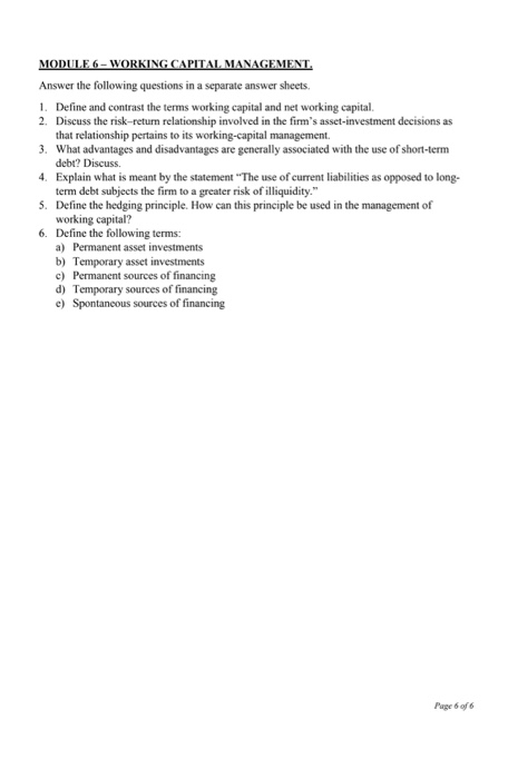 Solved MODULE 6 - WORKING CAPITAL MANAGEMENT. Answer the | Chegg.com