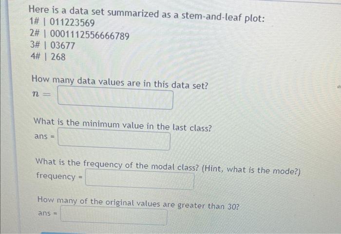 Solved Here is a data set summarized as a stem-and-leaf | Chegg.com