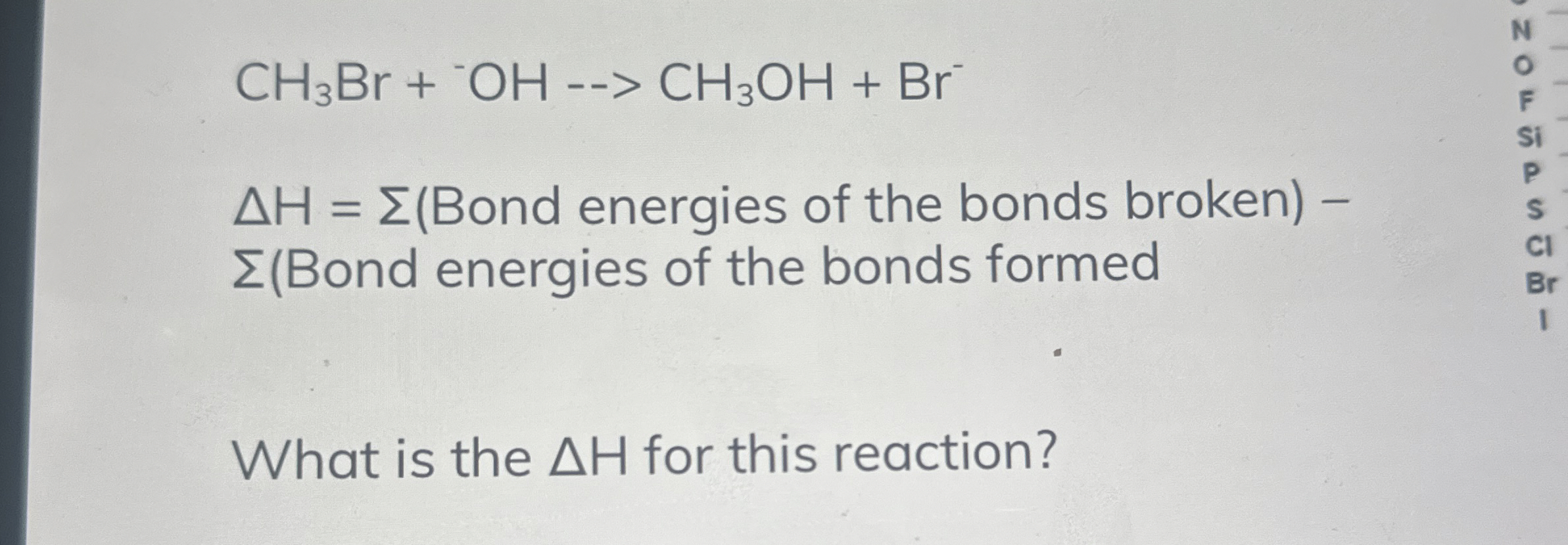 Solved CH3Br+?-OH-→CH3OH+Br-ΔH=Σ (Bond energies of the bonds | Chegg.com
