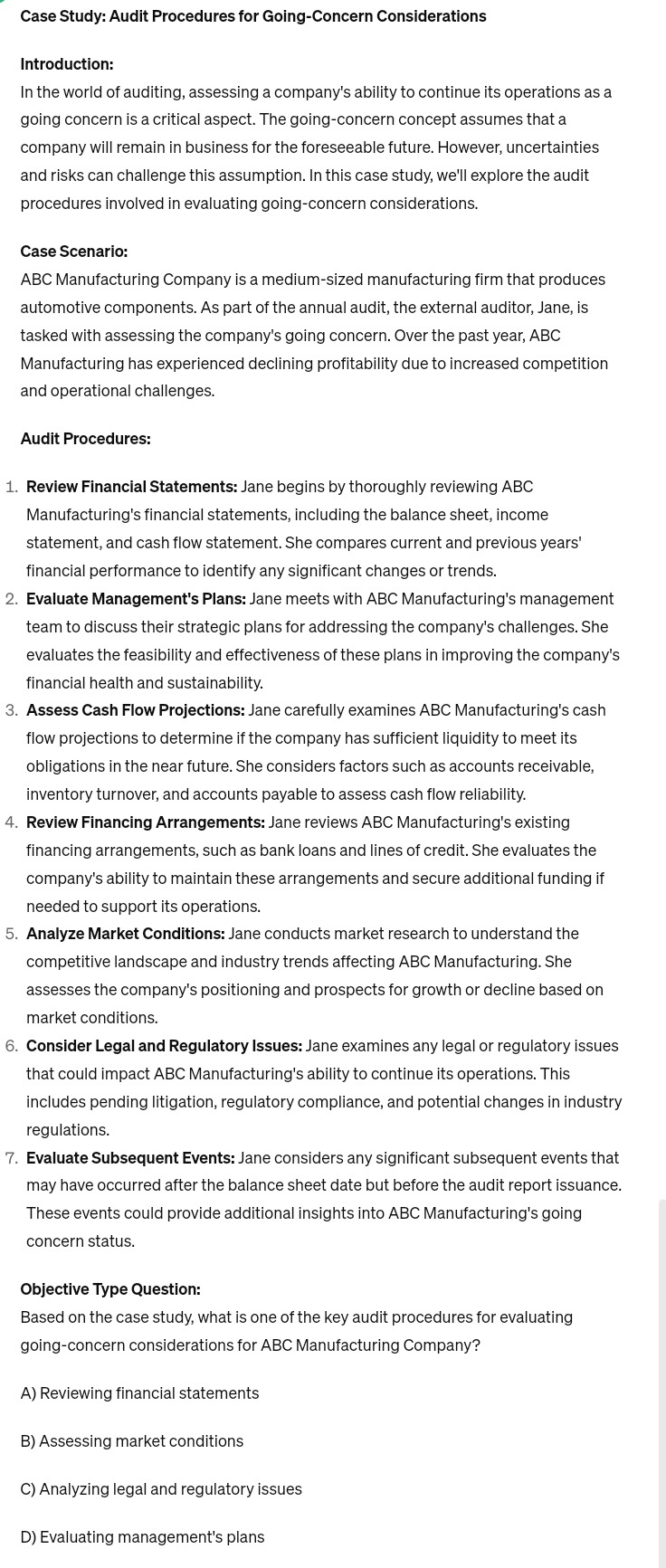 Solved Case Study: Audit Procedures for Going-Concern | Chegg.com