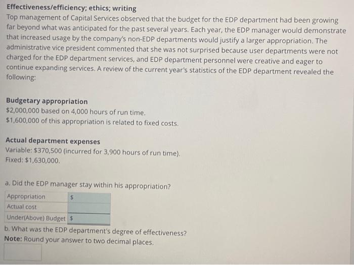 Solved Effectiveness/efficiency; ethics; writing Top | Chegg.com