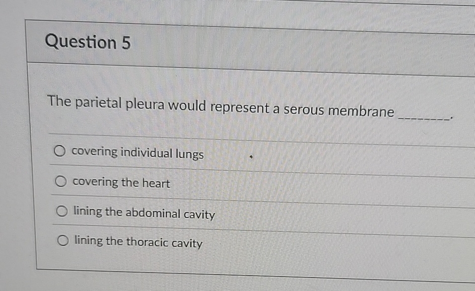 Solved Question 5The parietal pleura would represent a | Chegg.com