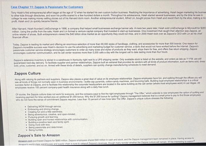 Solved Case Chapter 11: Zappos is Passionate for Customers | Chegg.com