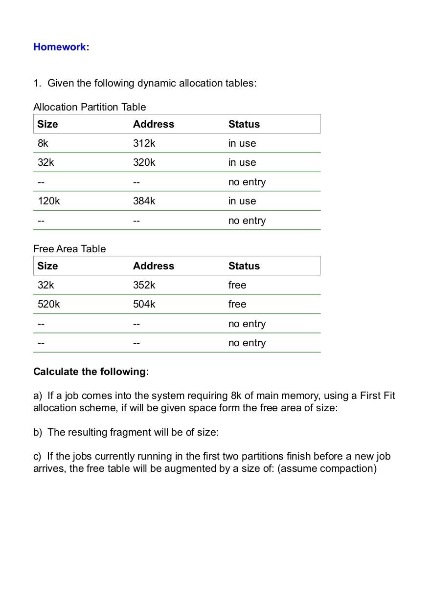 Solved Homework: 1. Given the following dynamic allocation | Chegg.com