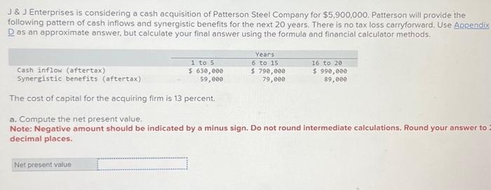 Solved J \& J Enterprises is considering a cash acquisition | Chegg.com