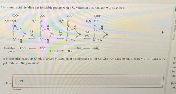 Solved The amino acid histidine has ionizable groups with | Chegg.com
