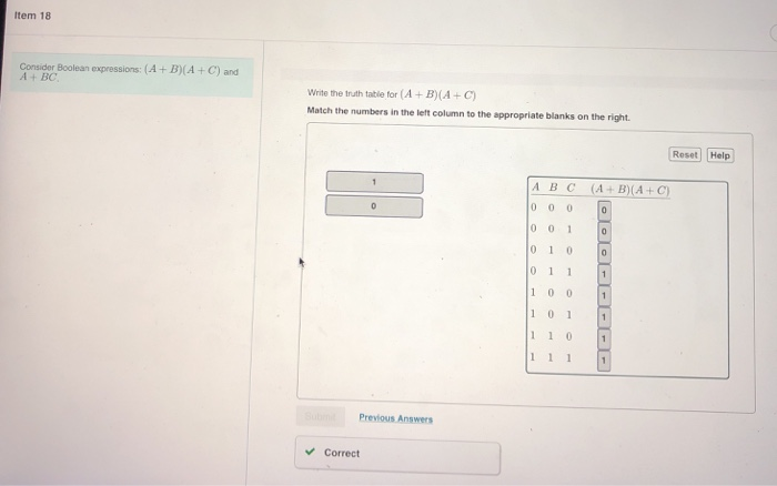 Solved Item 18 Consider Boolean expressions: (A + B)A+C) and | Chegg.com