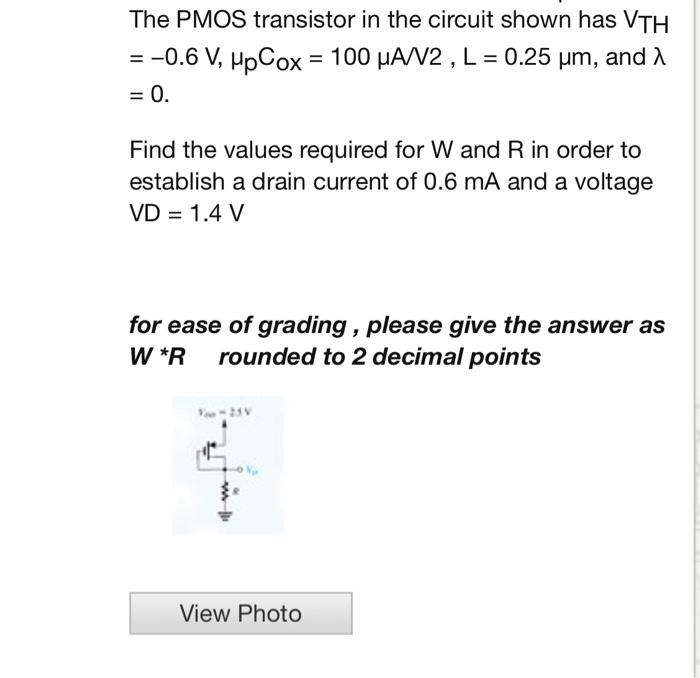 Solved The PMOS transistor in the circuit shown has VTH = | Chegg.com