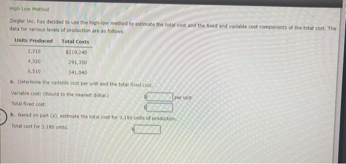 Solved High-Low Method Ziegler Inc. has decided to use the | Chegg.com