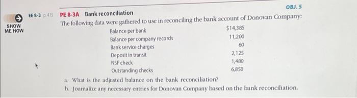 Solved OBJ. 5 PE 8-3A Bank reconciliation The following data | Chegg.com