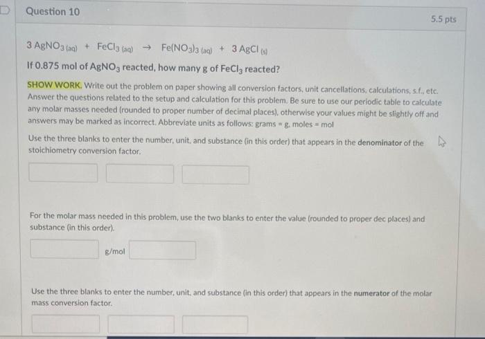 Solved D Question 10 5.5 pts 3 AgNO3(aq) + FeCl3 (aq) → | Chegg.com