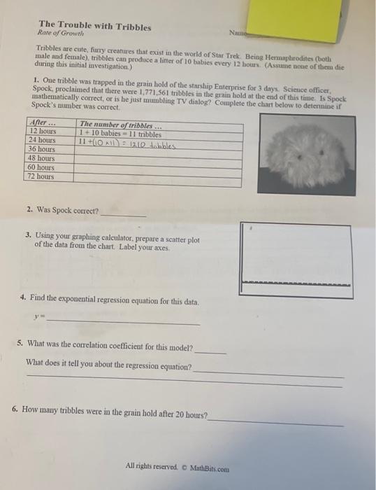 Solved The Trouble with Tribbles Rave of Growh Tribbles are | Chegg.com