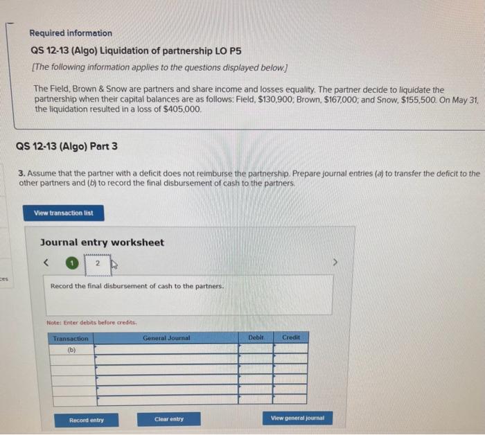 Solved Required information QS 12-13 (Algo) Liquidation of | Chegg.com