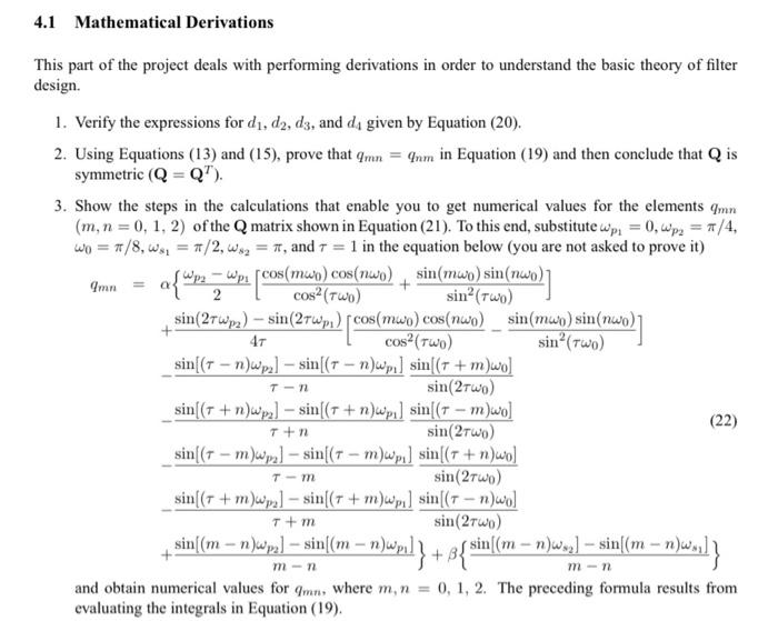 4.1 Mathematical Derivations This part of the project | Chegg.com
