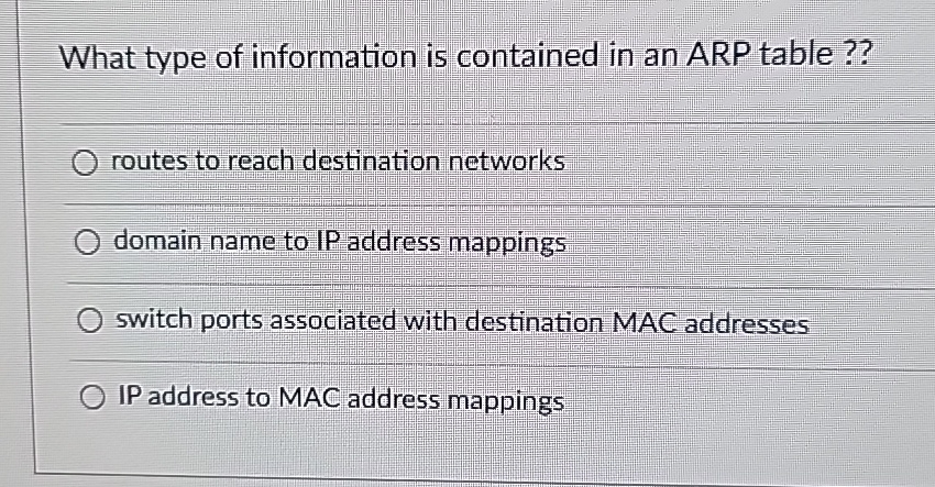 Solved What type of information is contained in an ARP table | Chegg.com