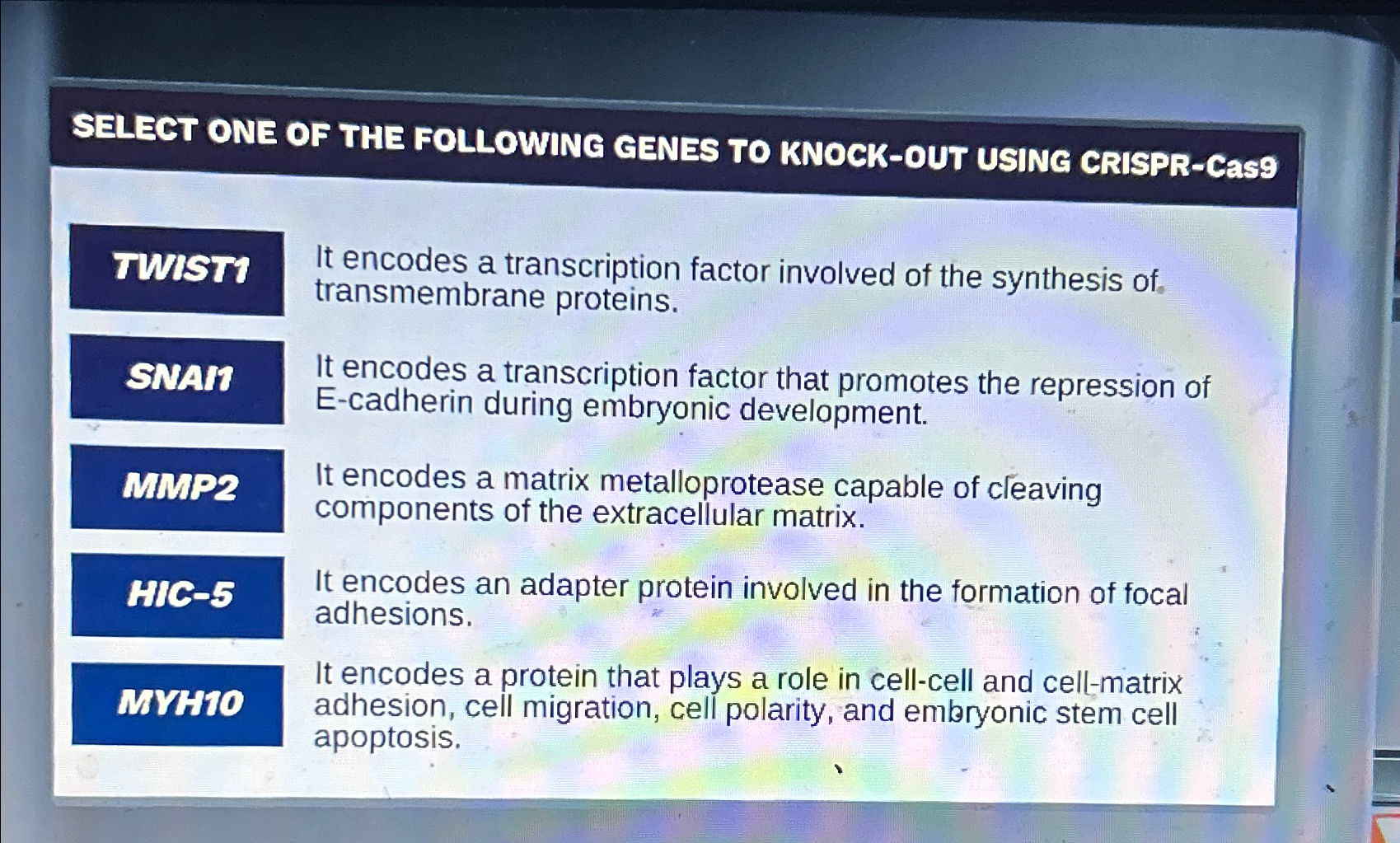 Solved SELECT ONE OF THE FOLLOWING GENES TO KNOCK-OUT USING | Chegg.com