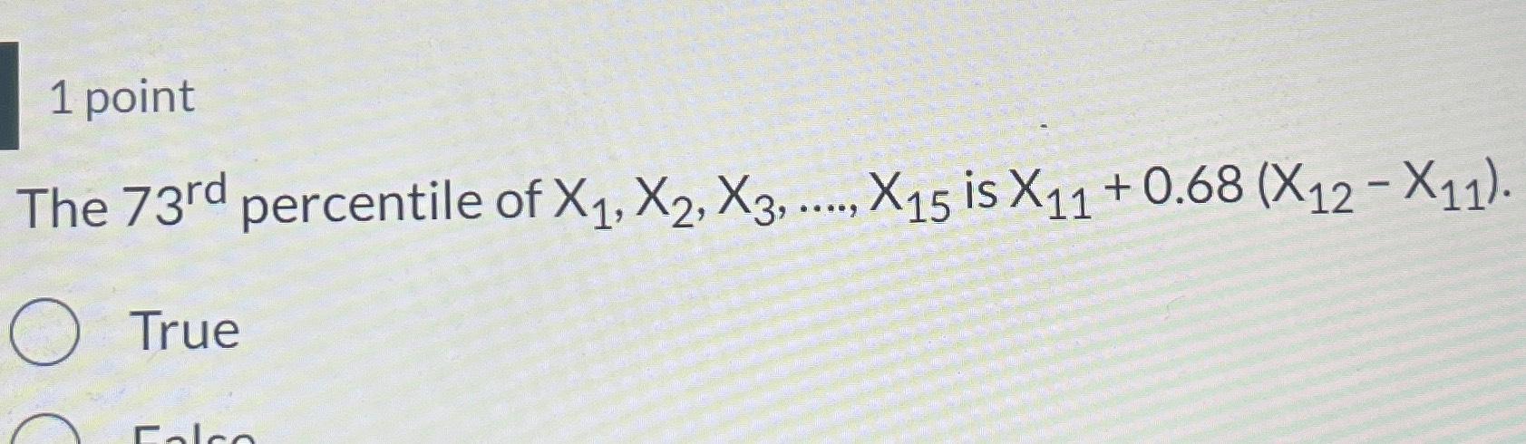 Solved 1 ﻿pointThe 73rd ﻿percentile of x1,x2,x3,dots.,x15 | Chegg.com