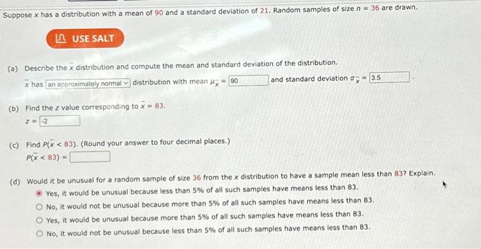 Solved Suppose x has a distribution with a mean of 90 and a | Chegg.com