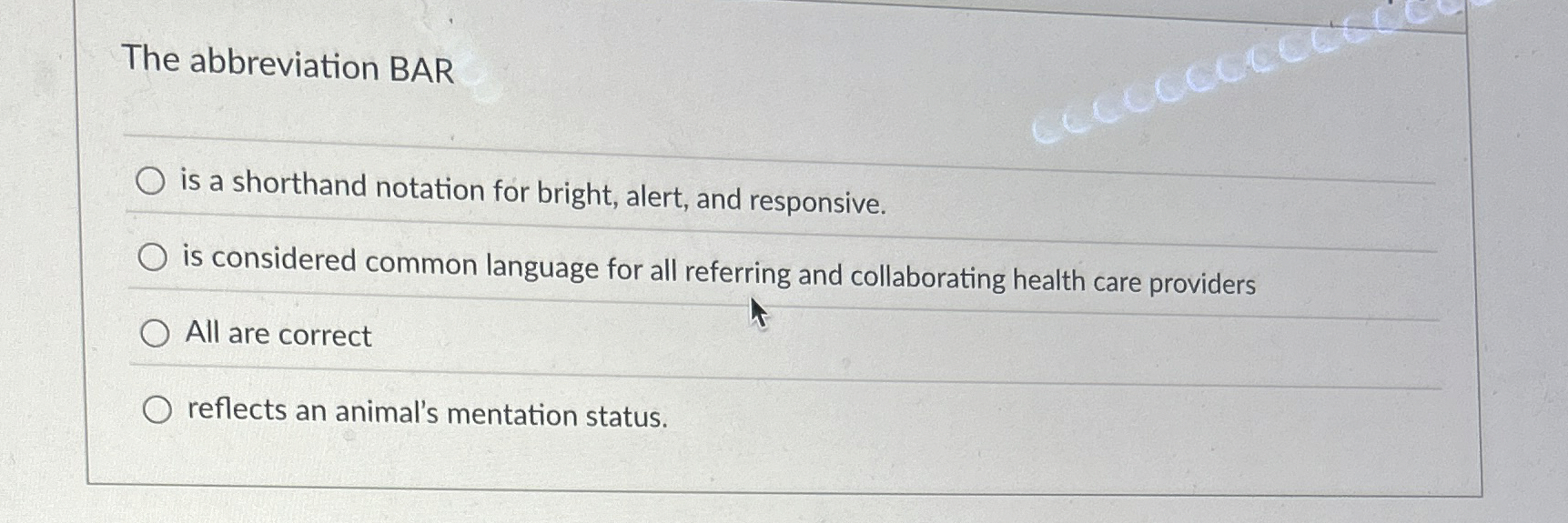 Solved The abbreviation BARis a shorthand notation for | Chegg.com
