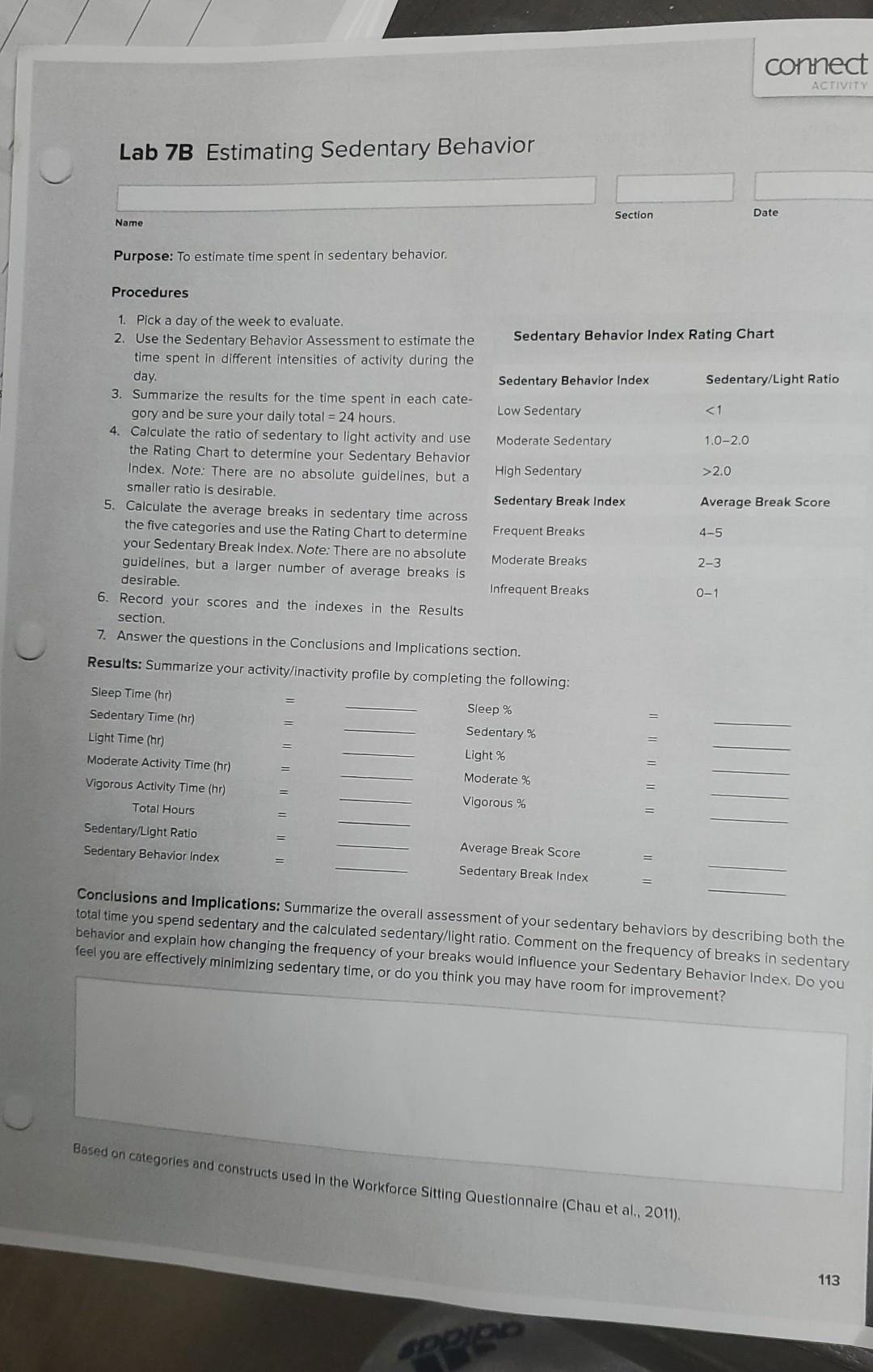 Lab 7B Estimating Sedentary Behavior Section Date | Chegg.com