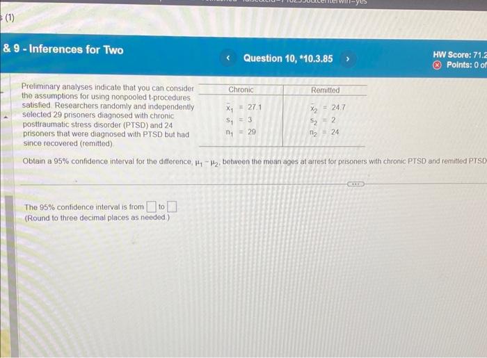 Solved \& 9 - Inferences for Two Question 10, 10.3.85, HW | Chegg.com