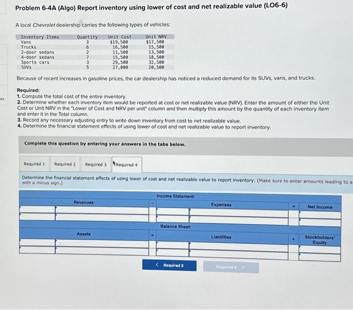 Solved ces Problem 6-4A (Algo) Report inventory using lower | Chegg.com