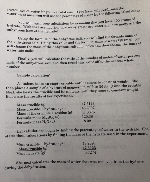 Solved To experimentally determine the percentage of water | Chegg.com