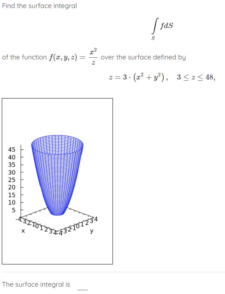 Solved Find the surface integral∫S﻿fdSof the function | Chegg.com