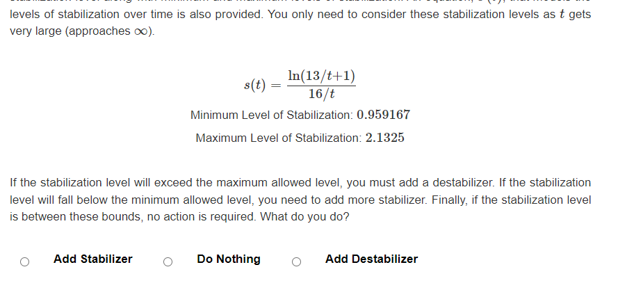 Solved levels of stabilization over time is also provided. | Chegg.com