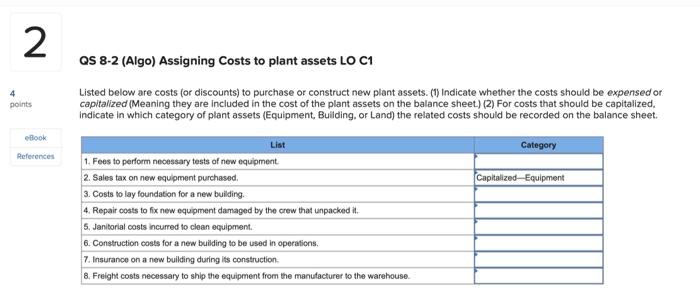QS 8-2 (Algo) Assigning Costs to plant assets LO C1 | Chegg.com