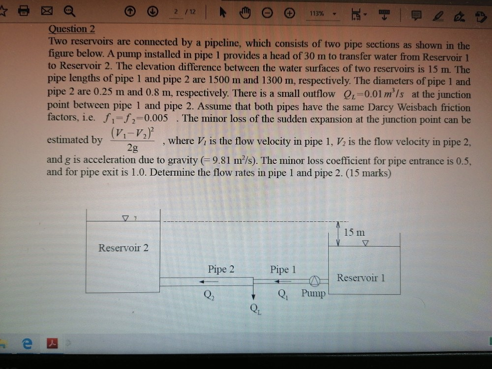 Solved 2 / 12 113% Question 2 Two reservoirs are connected | Chegg.com