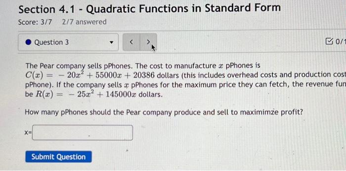 Solved Section 4.1 - Quadratic Functions in Standard Form | Chegg.com