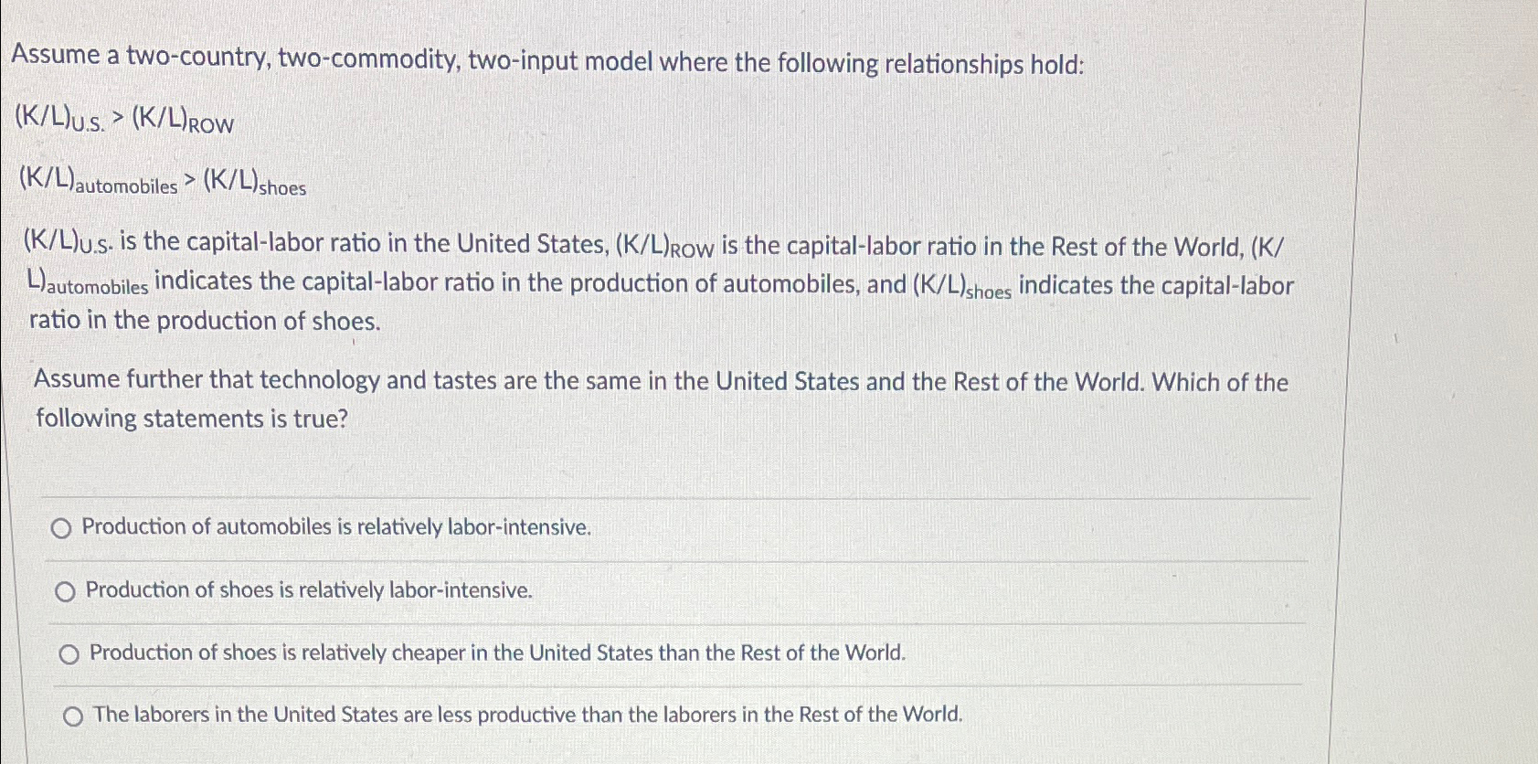 Solved Assume a two-country, two-commodity, two-input model | Chegg.com