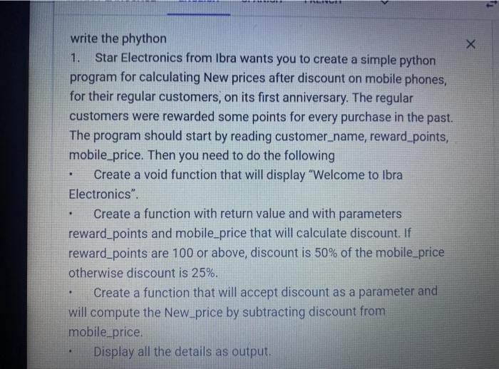 Solved RS Х write the phython 1. Star Electronics from Ibra | Chegg.com
