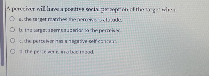 Solved A perceiver will have a positive social perception of | Chegg.com