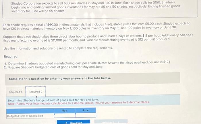 Solved Shadee Corporation expects to sell 630 sun shades in | Chegg.com