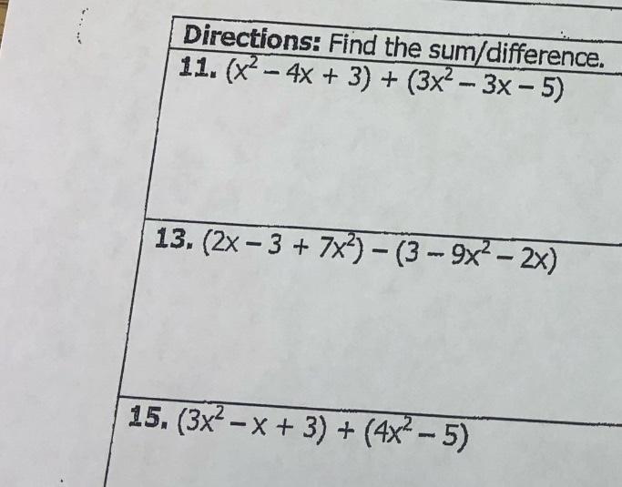 Solved Directions: Find the sum/difference. 11. (x2 - 4x + | Chegg.com