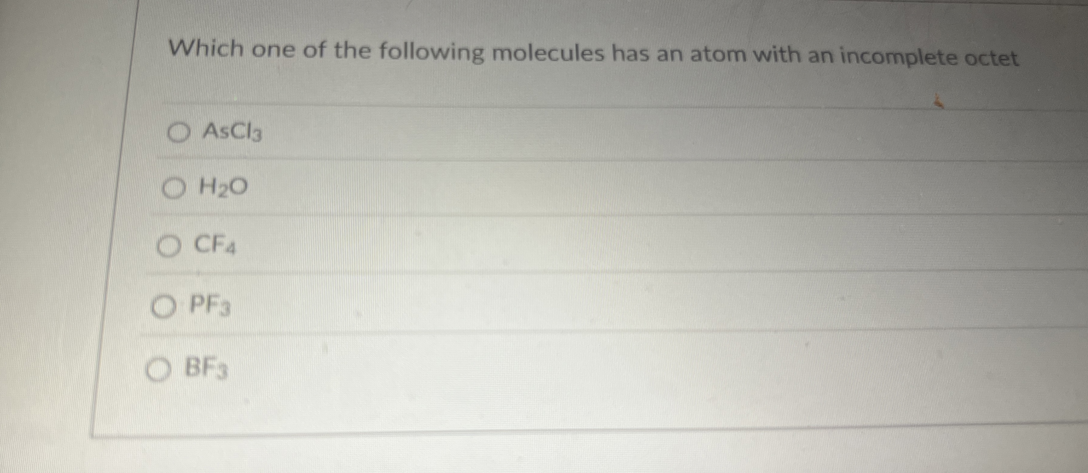 Solved Which one of the following molecules has an atom with | Chegg.com