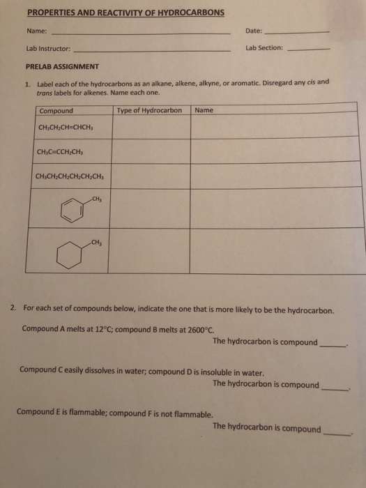 Solved PROPERTIES AND REACTIVITY OF HYDROCARBONS Name: Date: | Chegg.com
