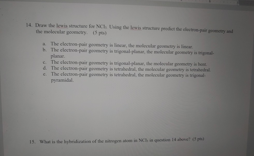 Solved 14. Draw the lewis structure for NC13. Using the | Chegg.com
