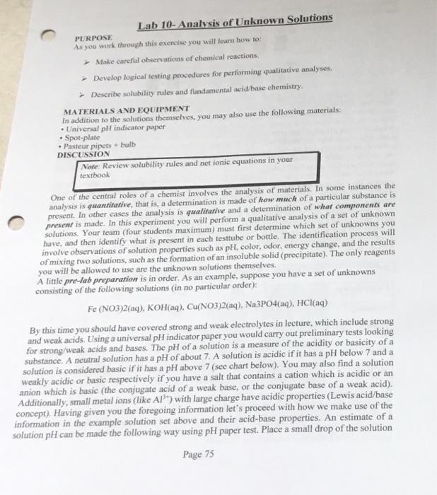 Solved PURPOSE Lab 10- Analysis of Unknown Solutions As you | Chegg.com