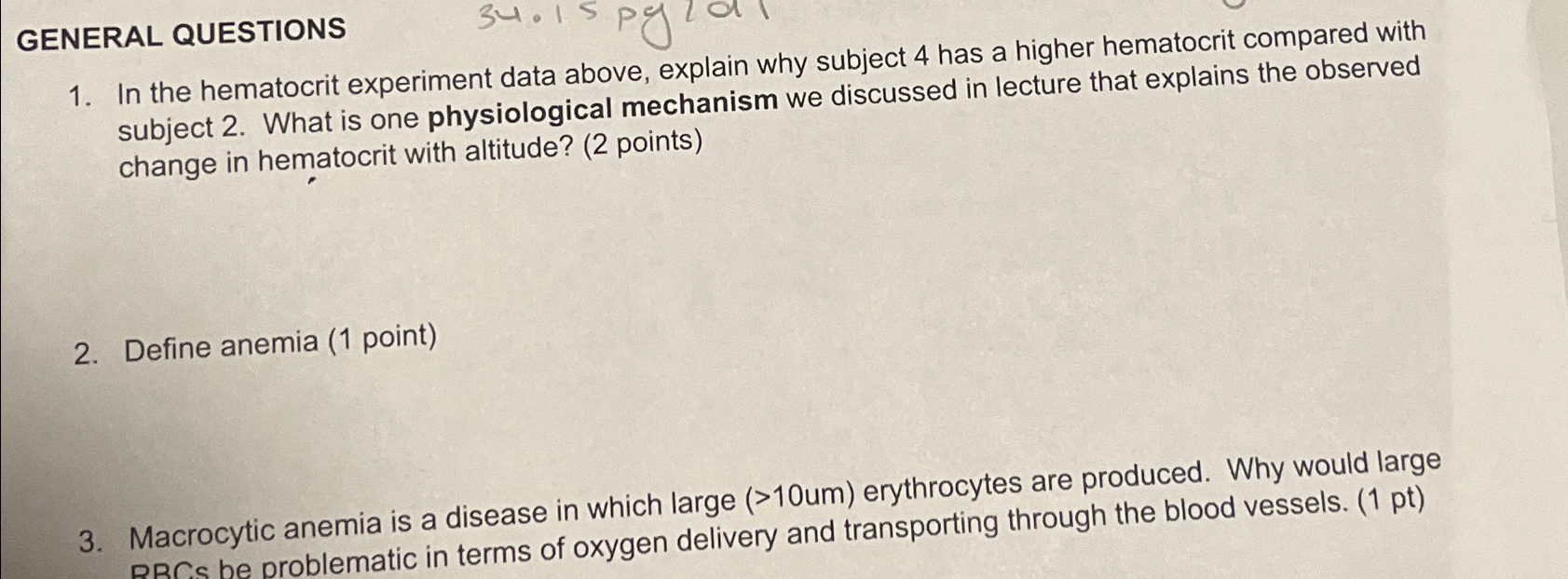 Solved GENERAL QUESTIONSIn the hematocrit experiment data | Chegg.com