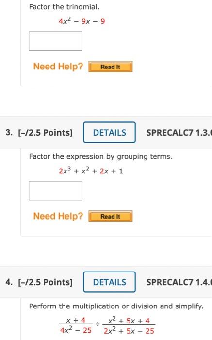 Solved Factor the trinomial. 4x2 - 9x - 9 Need Help? Read It | Chegg.com