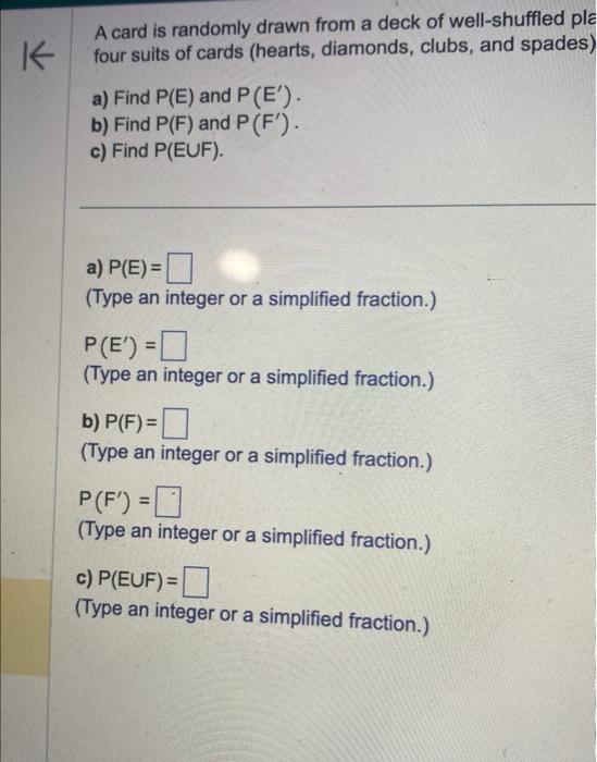 Solved A card is candamty drawn from a decs of well-sfumbed | Chegg.com