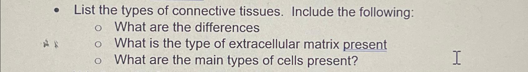 Solved List the types of connective tissues. Include the | Chegg.com