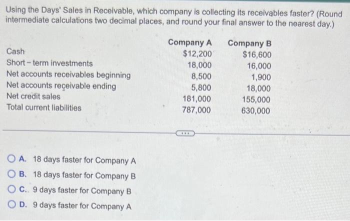 Solved Using the Days' Sales in Receivable, which company is | Chegg.com