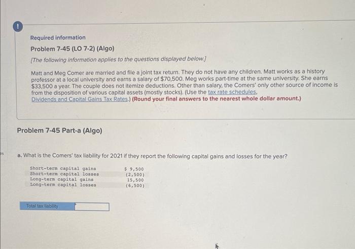 Solved Required information Problem 7-45 (LO 7-2) (Algo) | Chegg.com