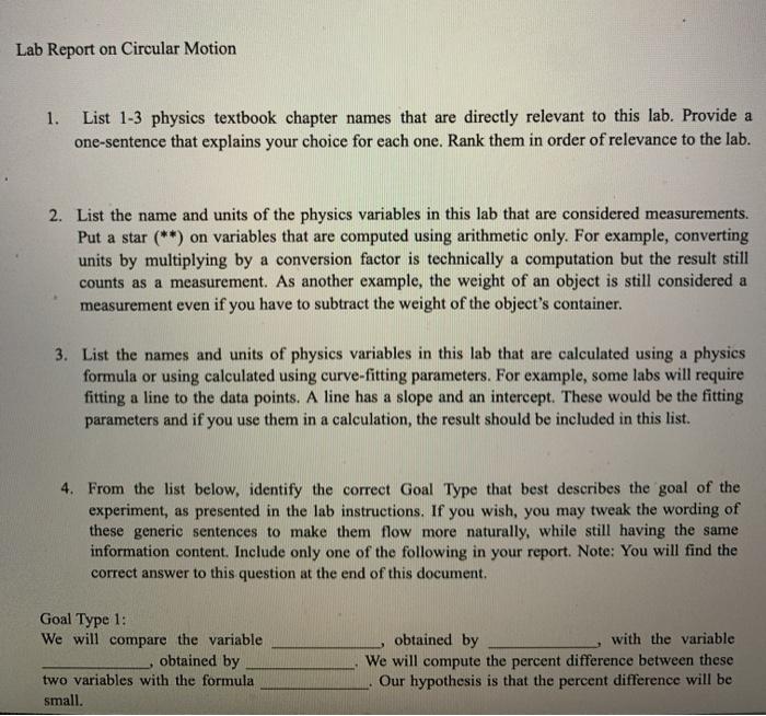 Solved Lab Report on Circular Motion 1. List 1-3 physics | Chegg.com