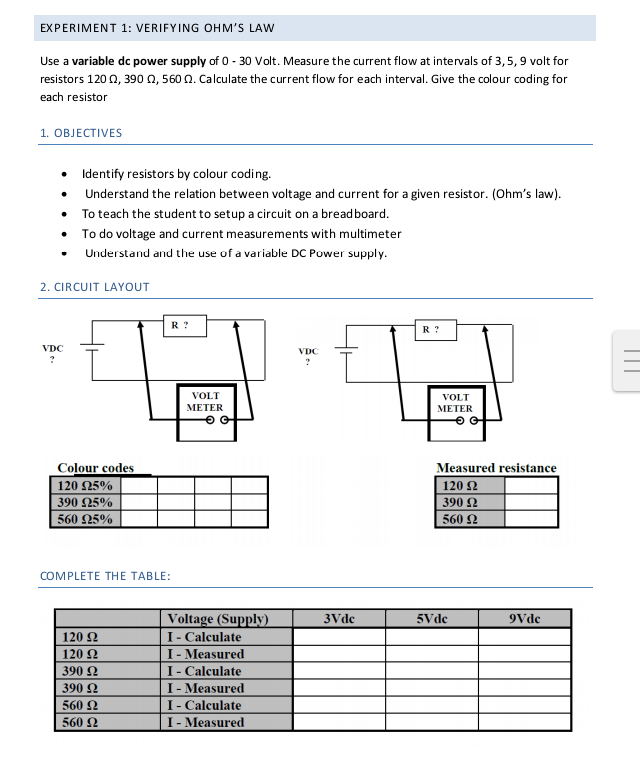 Solved EXPERIMENT 1: VERIFYING OHM'S LAWUse a variable dc | Chegg.com