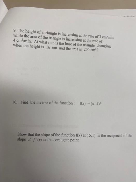 Solved 9. The height of a triangle is increasing at the rate | Chegg.com